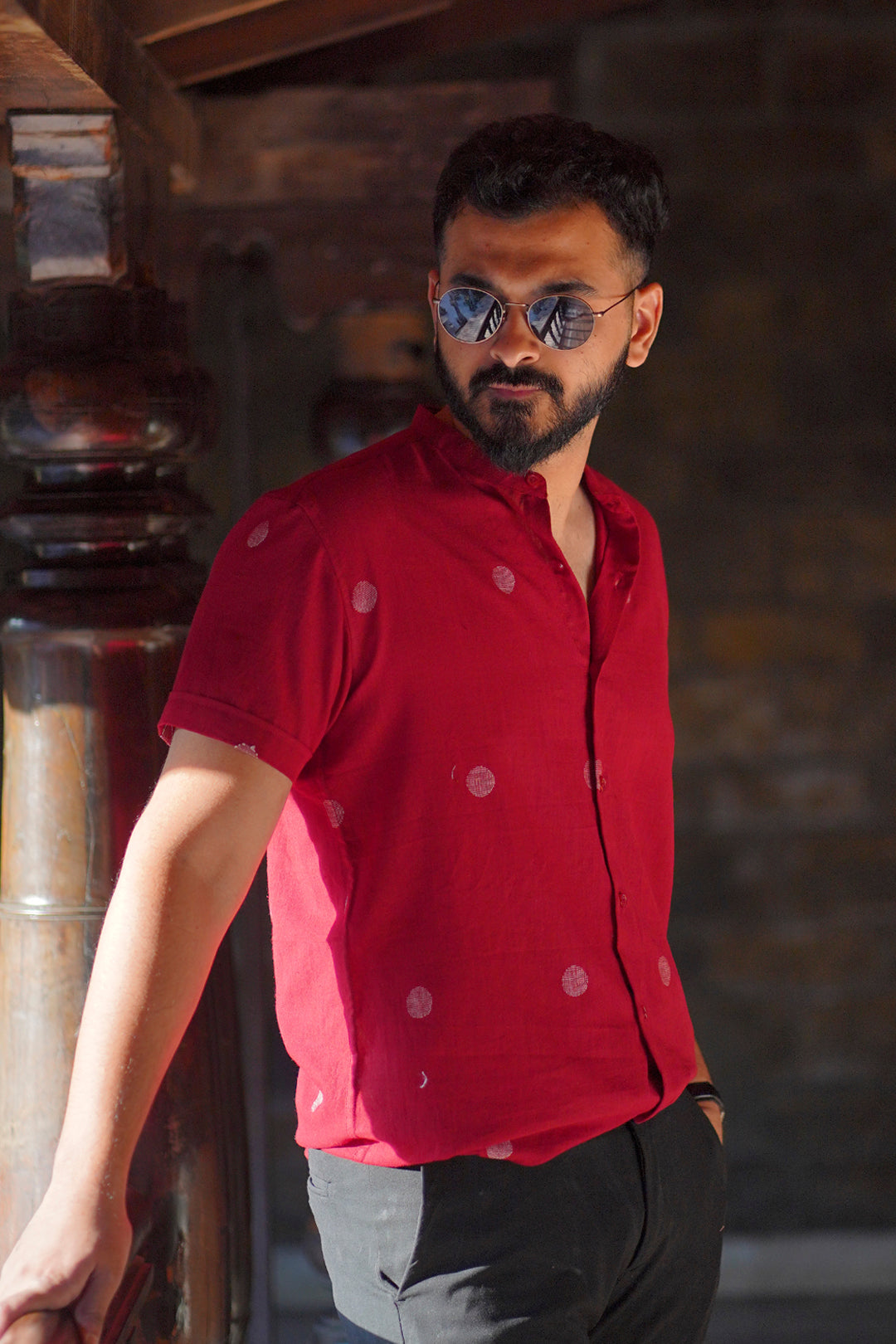 Tattva : Jamdani Deep Red Half-sleeve Shirt – Indianpeacock